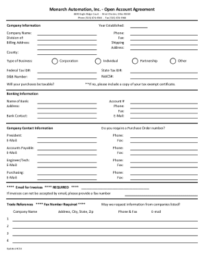 Fillable Online Monarch Automation, Inc. - Open Account Agreement Fax ...