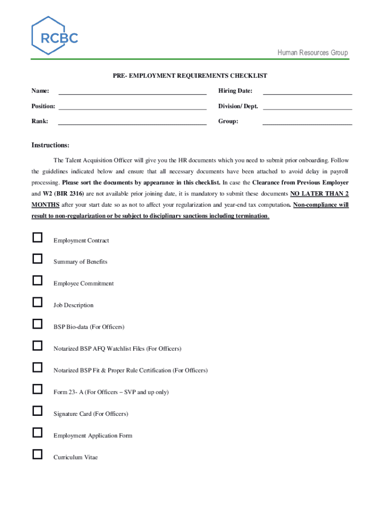 Fillable Online Pre-Employment-Requirements-for-Candidates-Checklist-V2 ...