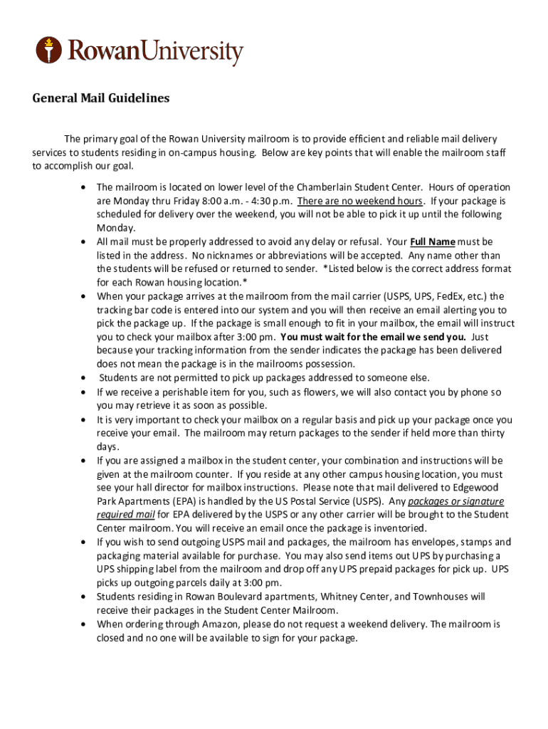 Fillable Online Fillable Online Mailroom Guidelines - Rowan University ...