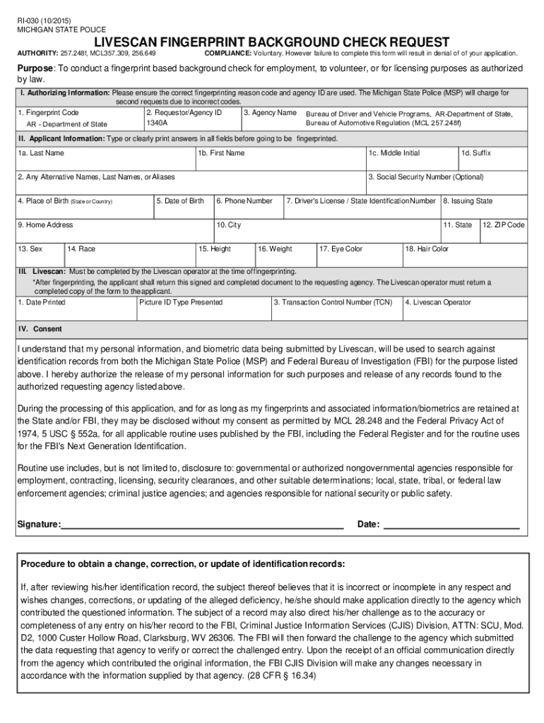 Fillable Online Livescan Fingerprint Background Check Request (RI-030 ...