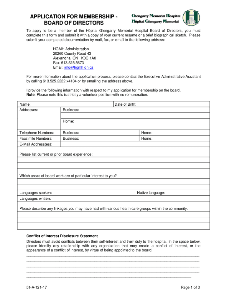Fillable Online Application for Board of Directors Membership Form Fax ...