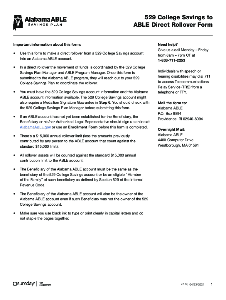 Fillable Online 529 College Savings to Able Direct Rollover Form Fax ...