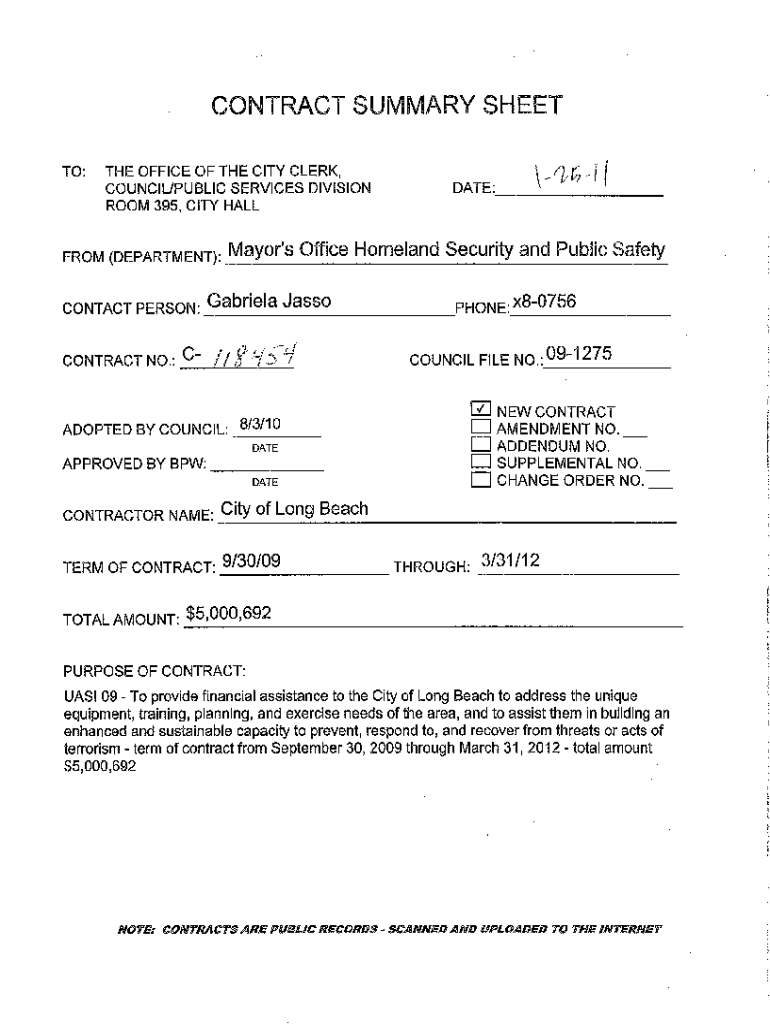 Fillable Online Fillable Online CONTRACT SUMMARY SHEET TO: THE OFFICE ...