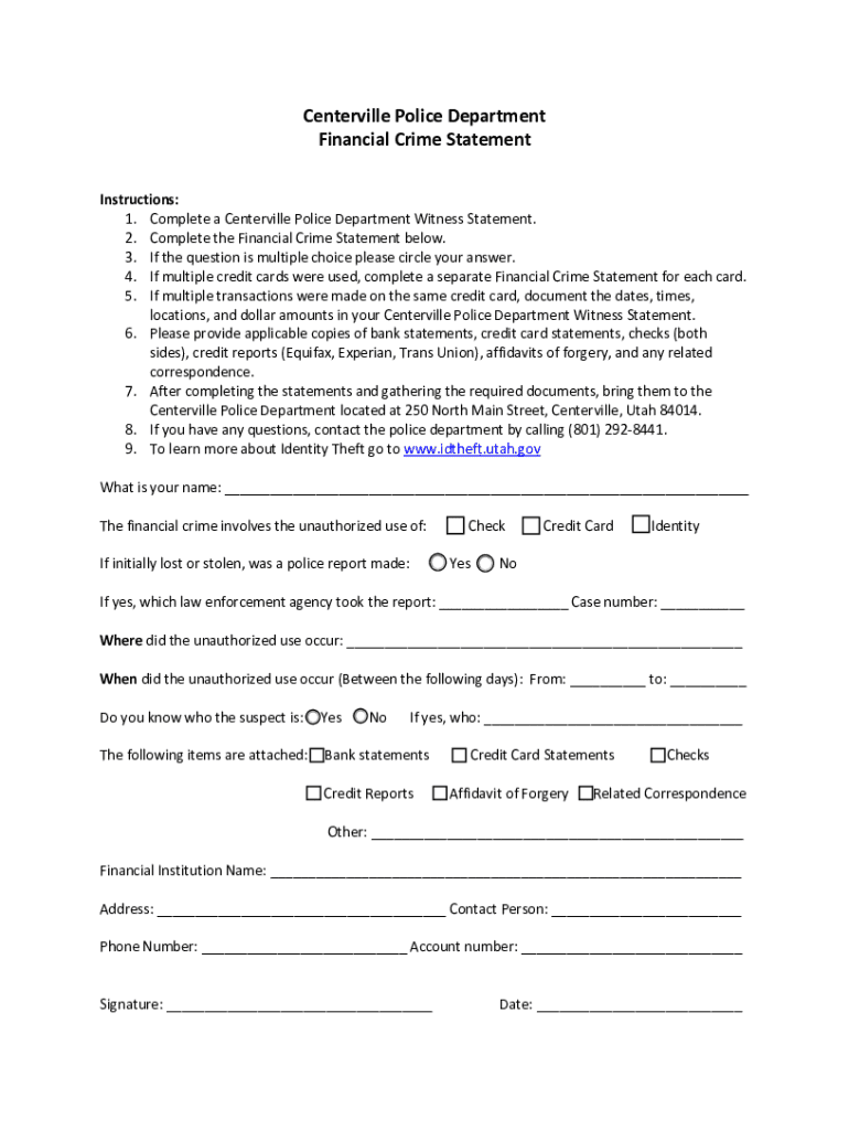 Fillable Online Centerville Police Department Financial Crime Statement ...