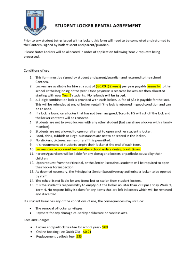Fillable Online STUDENT LOCKER RENTAL AGREEMENT Fax Email Print - pdfFiller