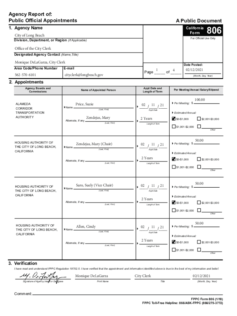 Fillable Online Fillable Online Form 806 - Public Official Appointments ...
