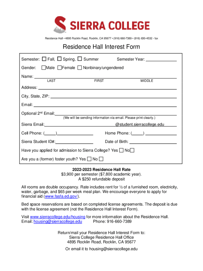Fillable Online Residence Hall Interest Form - Sierra College. 2022 ...