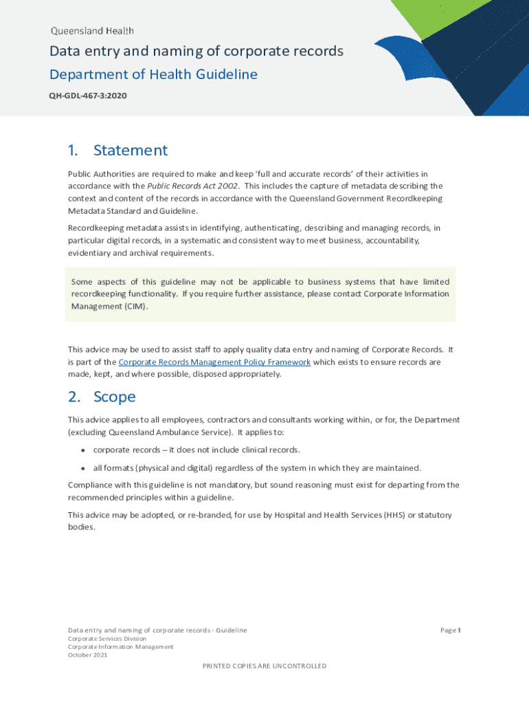 Fillable Online Data entry and naming of corporate records. to assist ...