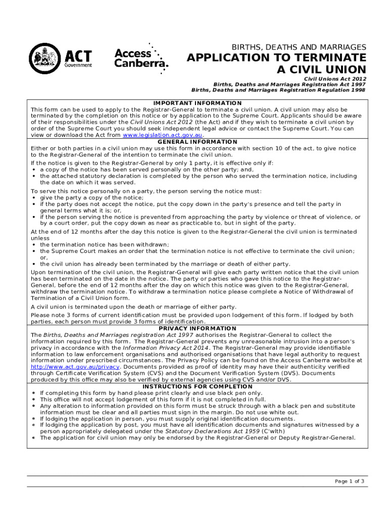 Application to terminate a civil union Doc Template | pdfFiller