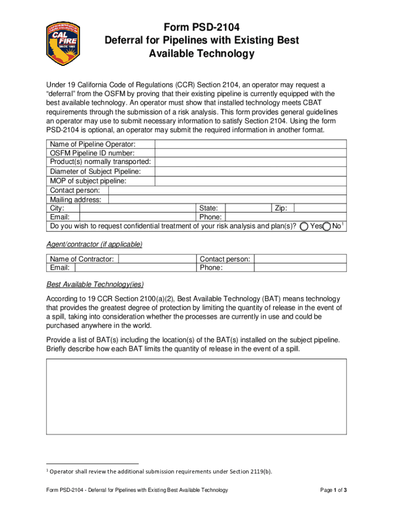 Fillable Online osfm fire ca Form PSD-2104 - Deferral for Pipelines ...