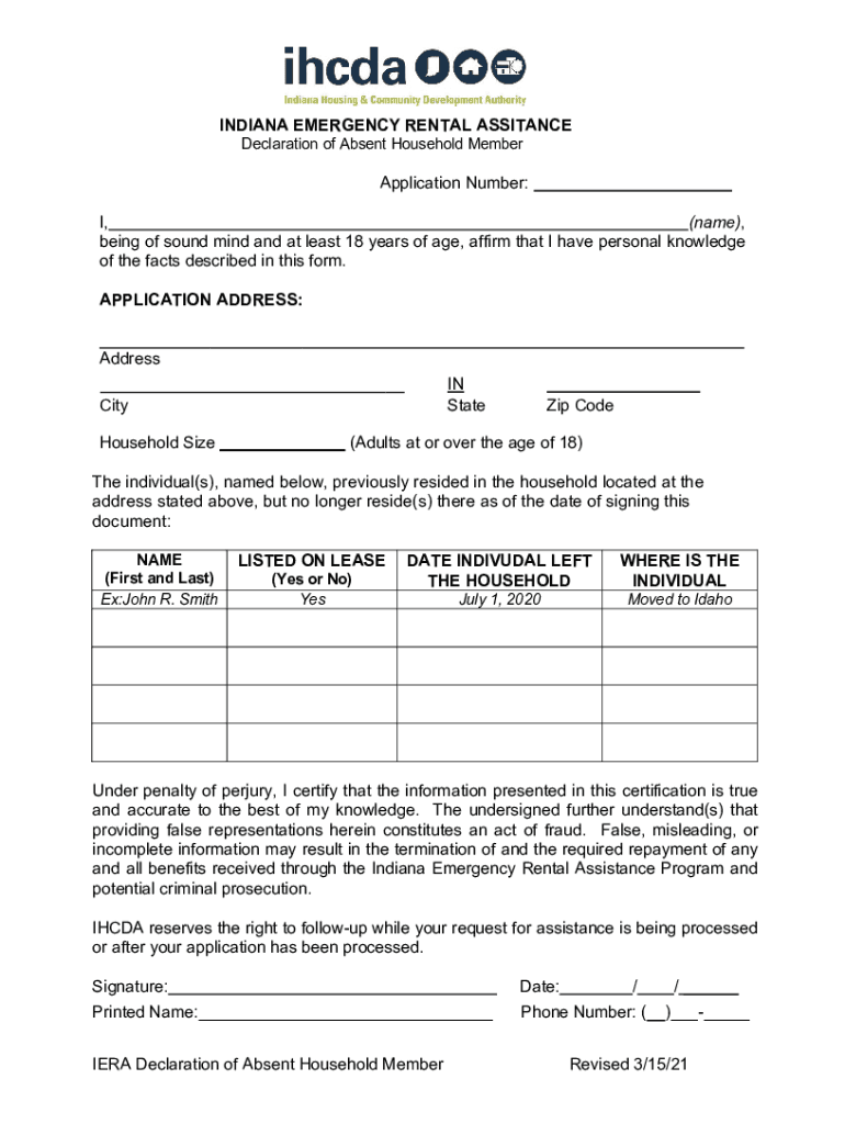 Fillable Online INDIANA EMERGENCY RENTAL ASSITANCE Declaration of ...