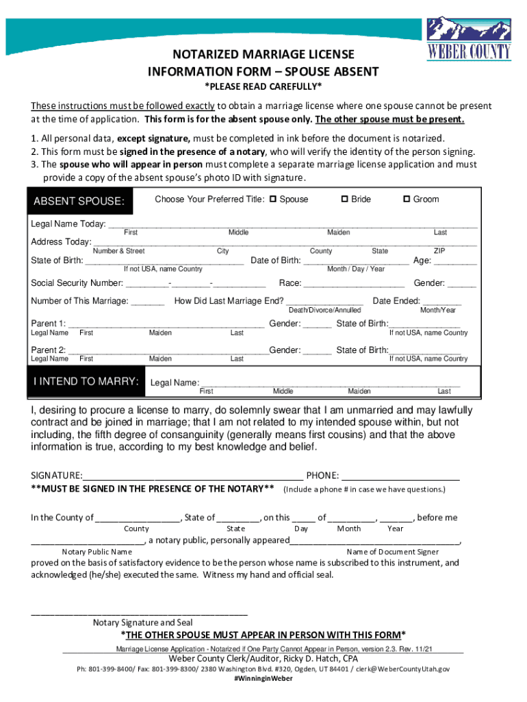 Fillable Online NOTARIZED MARRIAGE LICENSE INFORMATION FORM SPOUSE ...