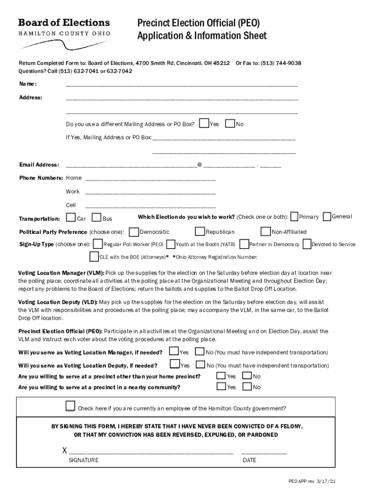 Fillable Online Precinct Election Official (PEO) Application ...