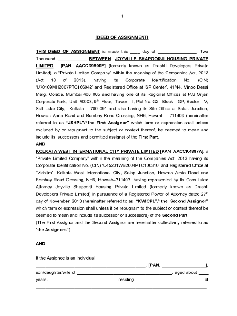 Fillable Online DEED OF ASSIGNMENT THIS DEED OF ASSIGNMENT BETWEEN ...