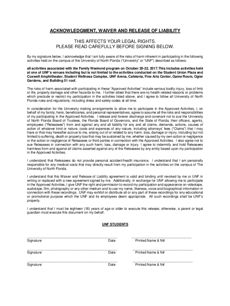 Fillable Online WAIVER OF LIABILITY, RELEASE AND ACKNOWLEDGEMENT OF ...