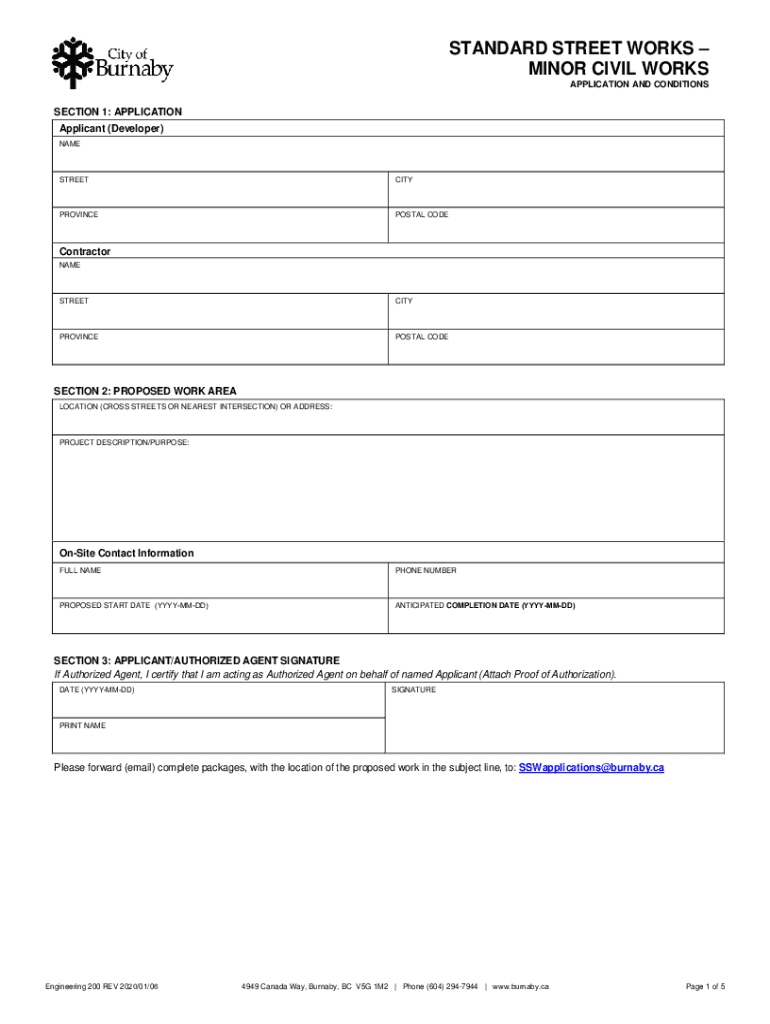 Fillable Online Fillable Online Standard Street Works Minor Civil Works ...