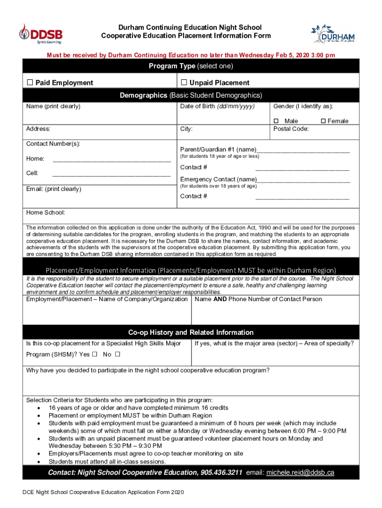 Fillable Online www.dce.caSHSM-Co-op-Registration-Form-2020Durham ...