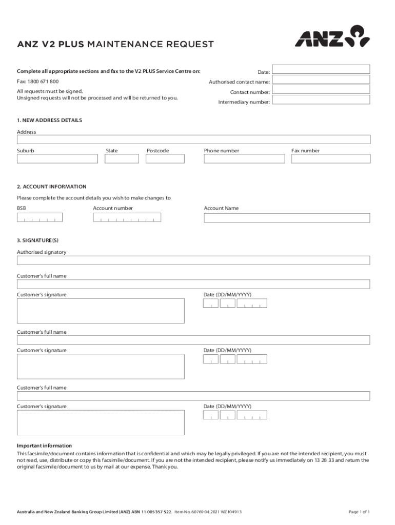 Fillable Online www.anz.com.auv2-plus-maintenance-signatoryANZ V2 PLUS ...