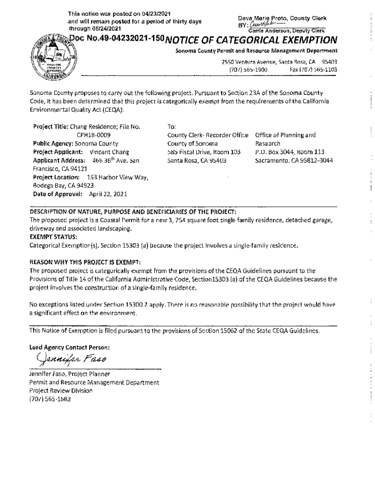 Fillable Online CPH18-0009 Notice of Exemption and Fish Wildlife ...