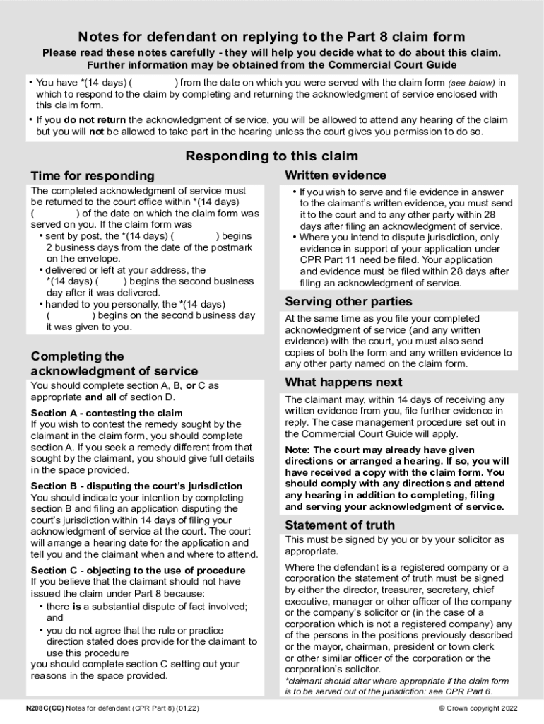 Fillable Online N208C(CC) Notes for defendant on replying to the Part 8 ...