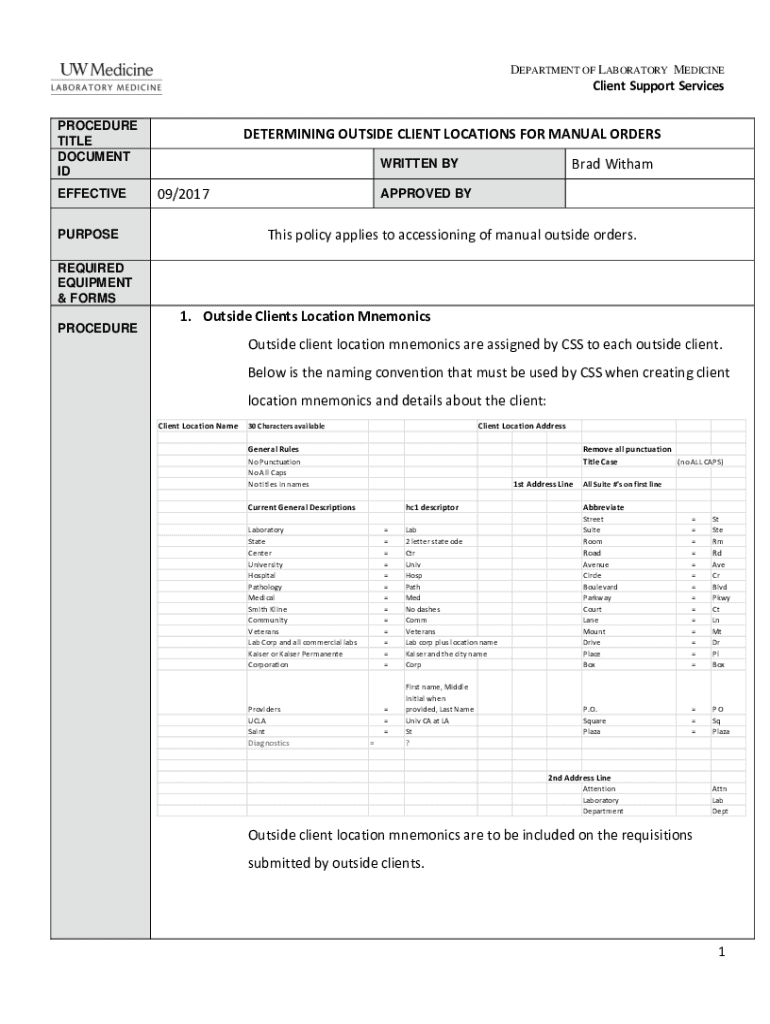 Fillable Online depts washington PROCEDURE TITLE First name, Middle ID WRITTEN BY Fax Email ...