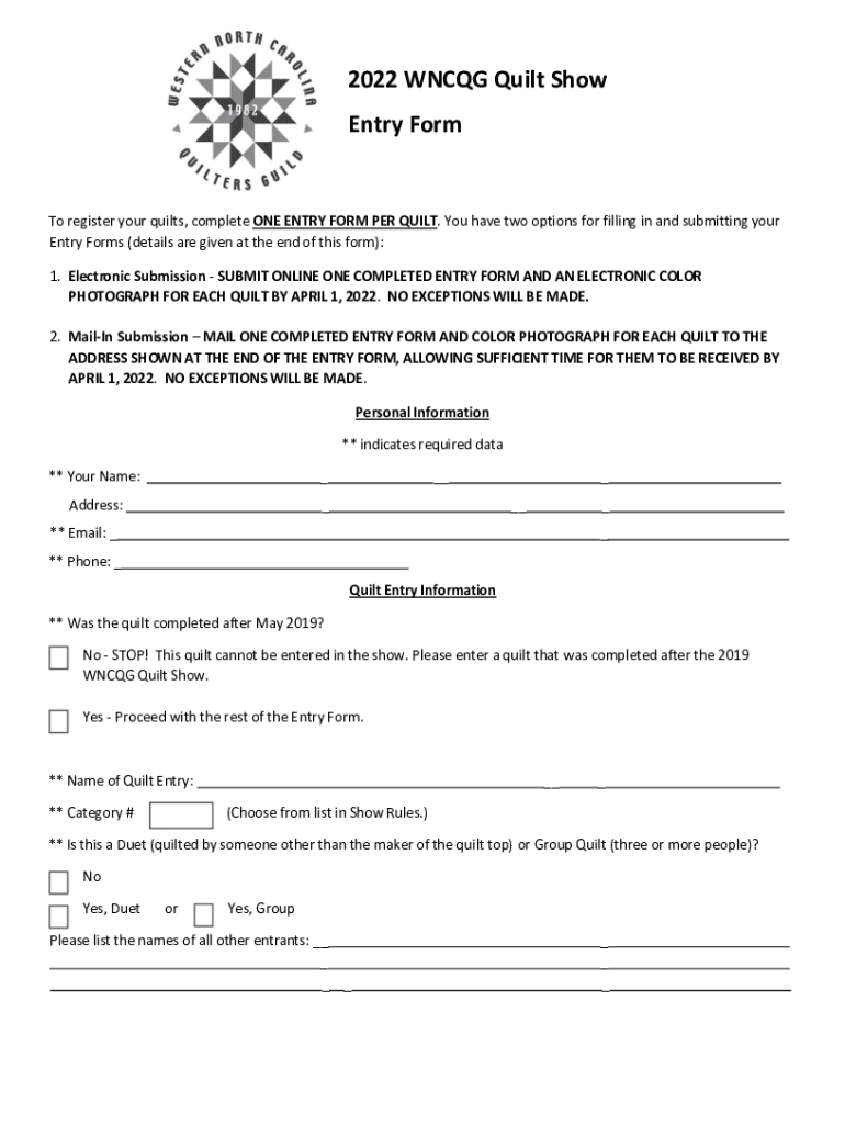 Fillable Online Quilts Show Entry Form2022 Garden of Quilts Show ...