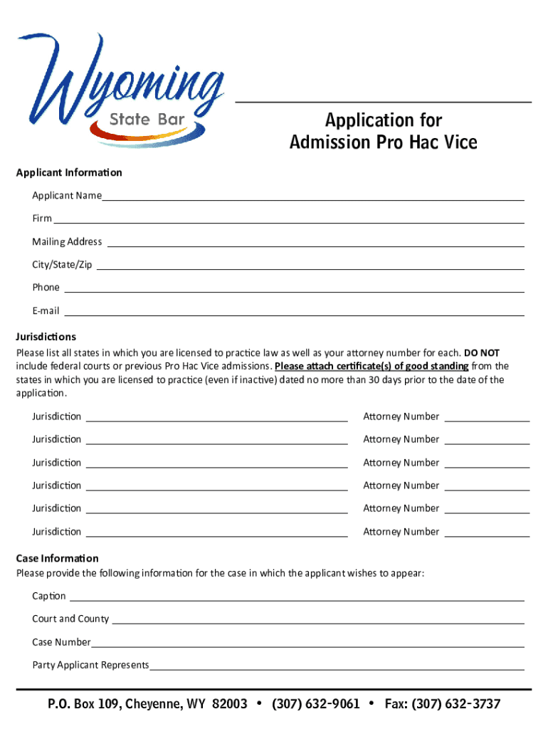 Fillable Online Pro Hac Vice Application - Wyoming State Bar Fax Email ...
