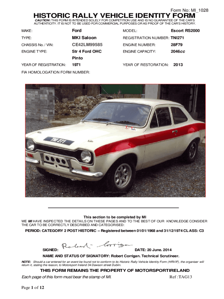 Fillable Online Form No: MI 1028 HISTORIC RALLY VEHICLE IDENTITY FORM ...