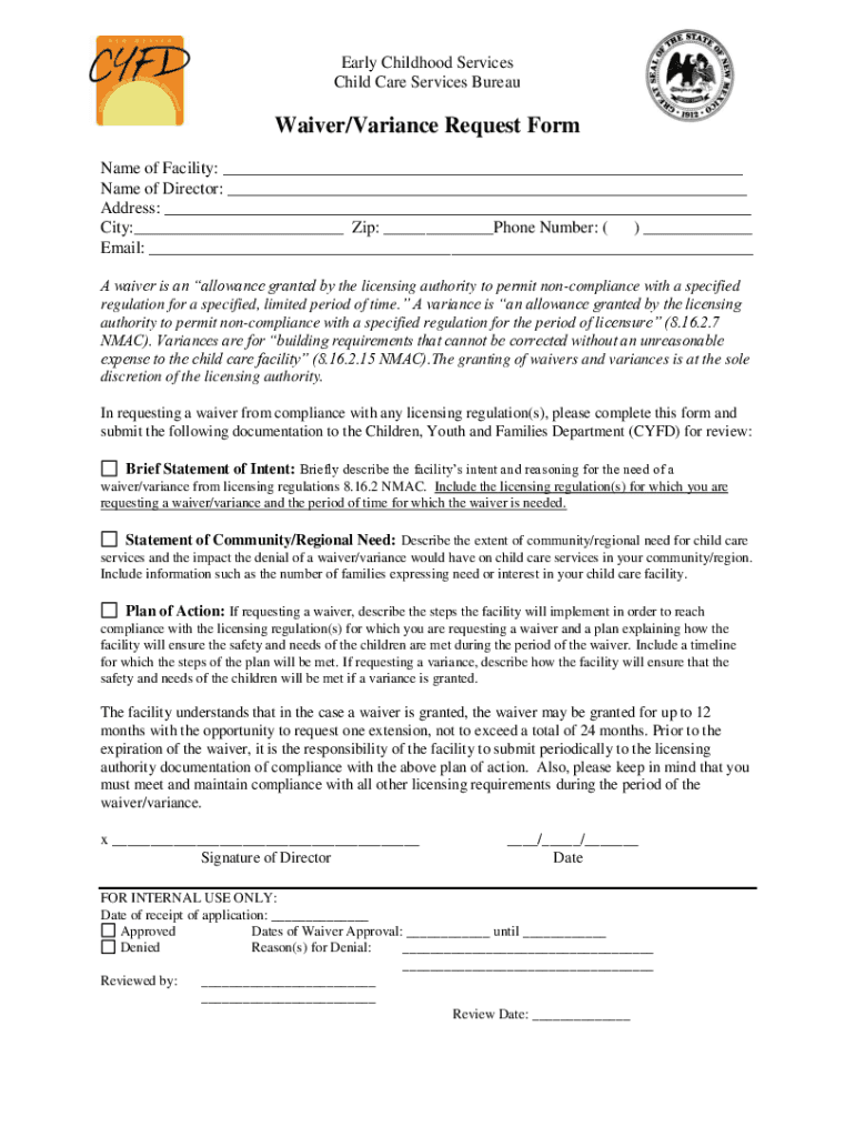 Fillable Online Form 2937, Child Care Regulation Waiver/Variance ...