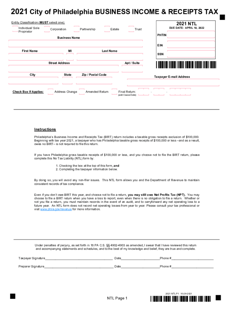 Fillable Online 2021 City of Philadelphia BUSINESS INCOME & RECEIPTS ...