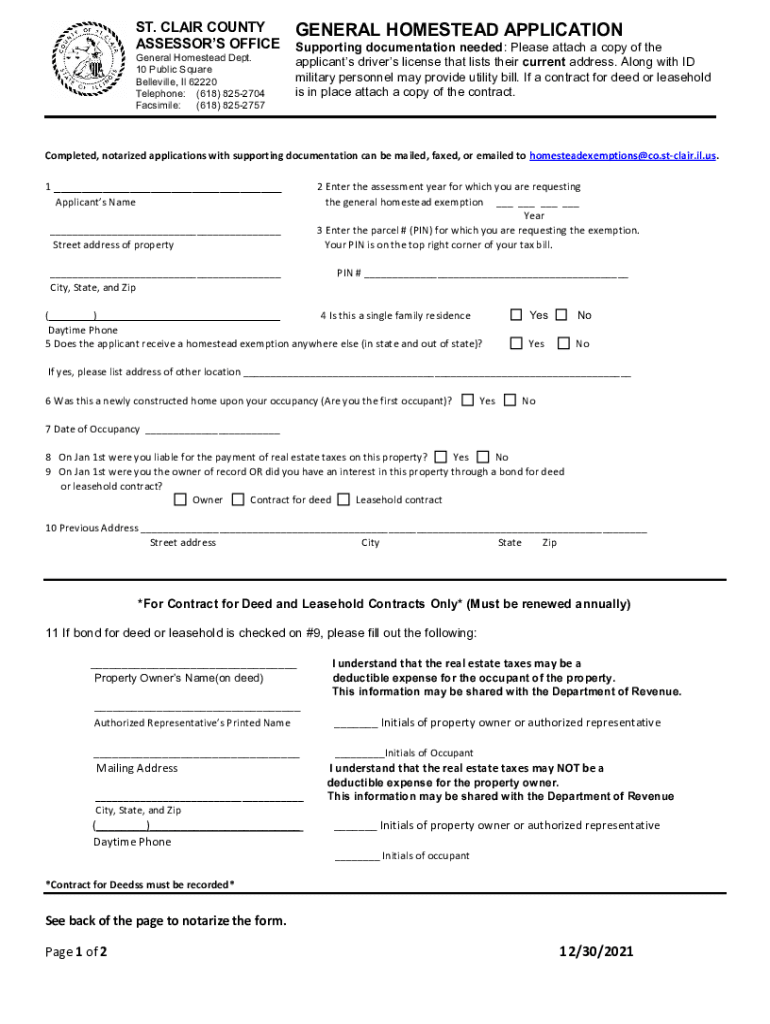 Fillable Online General Homestead Application - St. Clair County ...