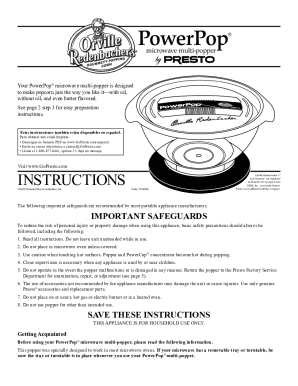 Fillable Online Presto PowerPop Microwave Popcorn Popper Instructions ...