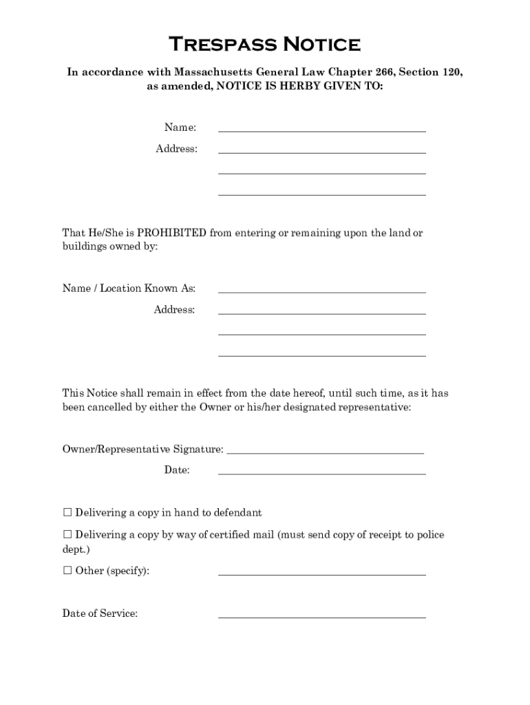 Fillable Online Trespass Notice - Holyoke Police Department Fax Email ...