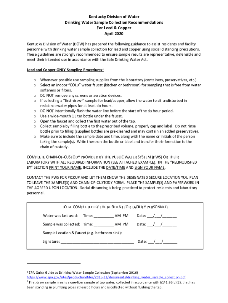Fillable Online eec ky Kentucky Division of Water Drinking Water Sample ...