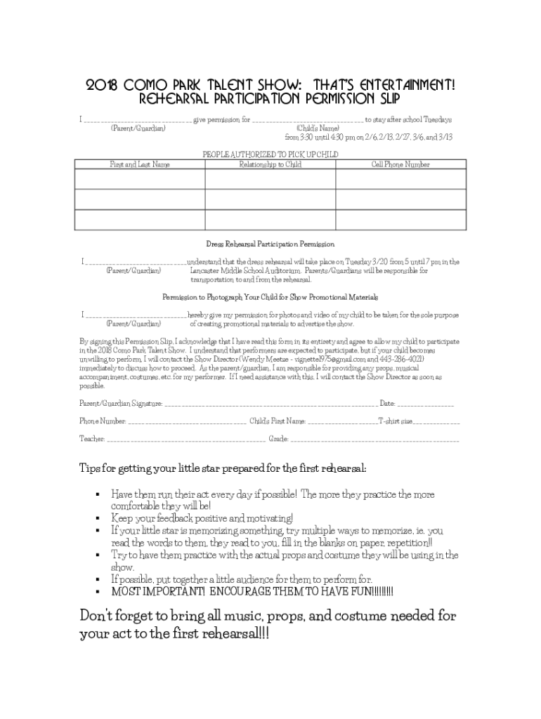 Fillable Online Permission to Audition for the Talent Show - Greenville ...