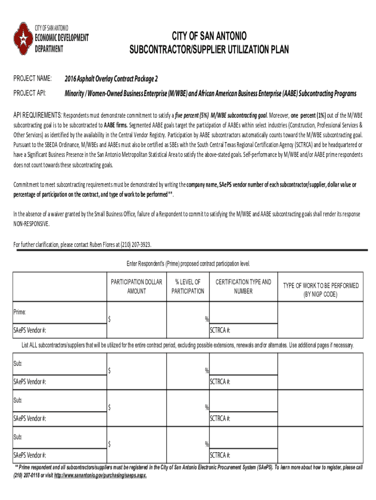 Fillable Online CITY OF SAN ANTONIO SUBCONTRACTOR/SUPPLIER UTILIZATION PLAN Fax Email Print ...