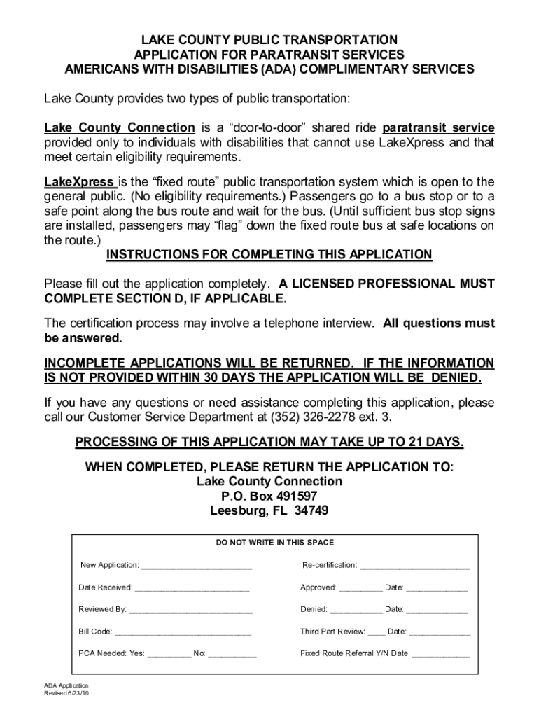 Fillable Online Application for Paratransit Services ADA Complimentary ...