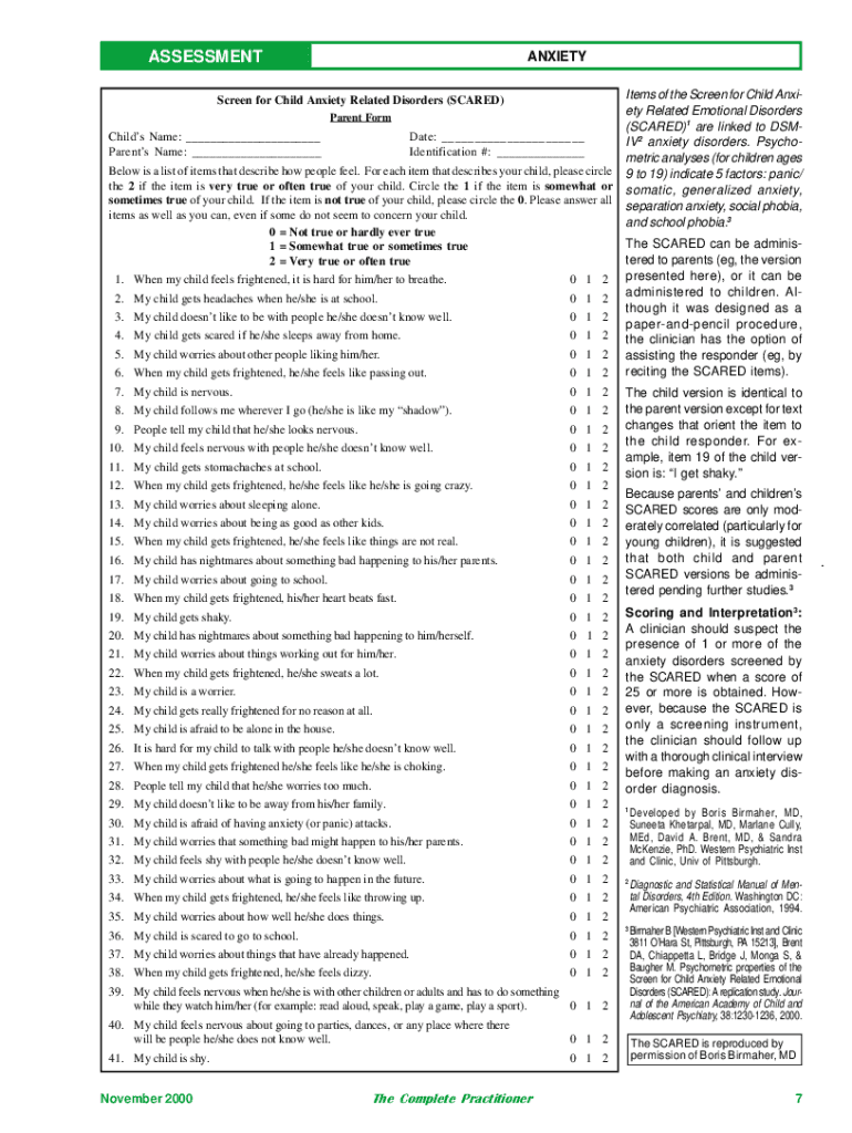 Fillable Online Scaredparent anxiety screen tool for parents to fill ... Fax Email Print - pdfFiller