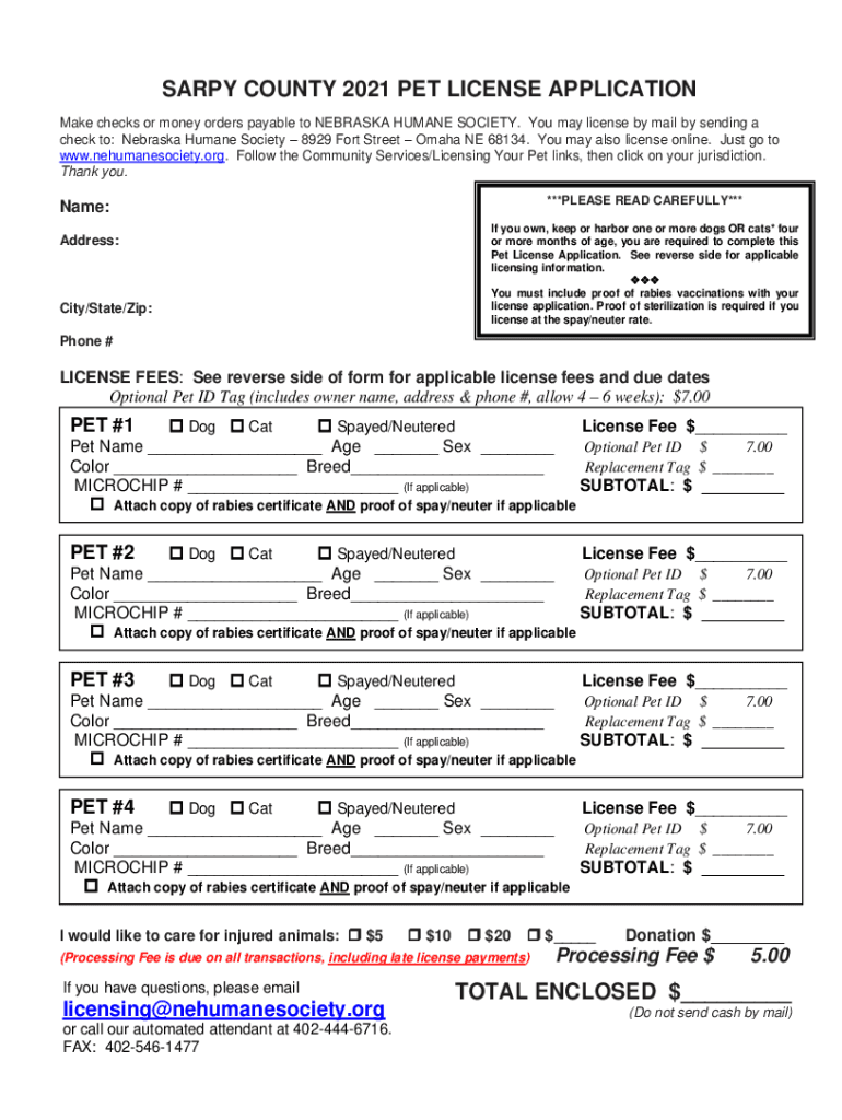Fillable Online SARPY COUNTY 2021 PET LICENSE APPLICATION Fax Email ...