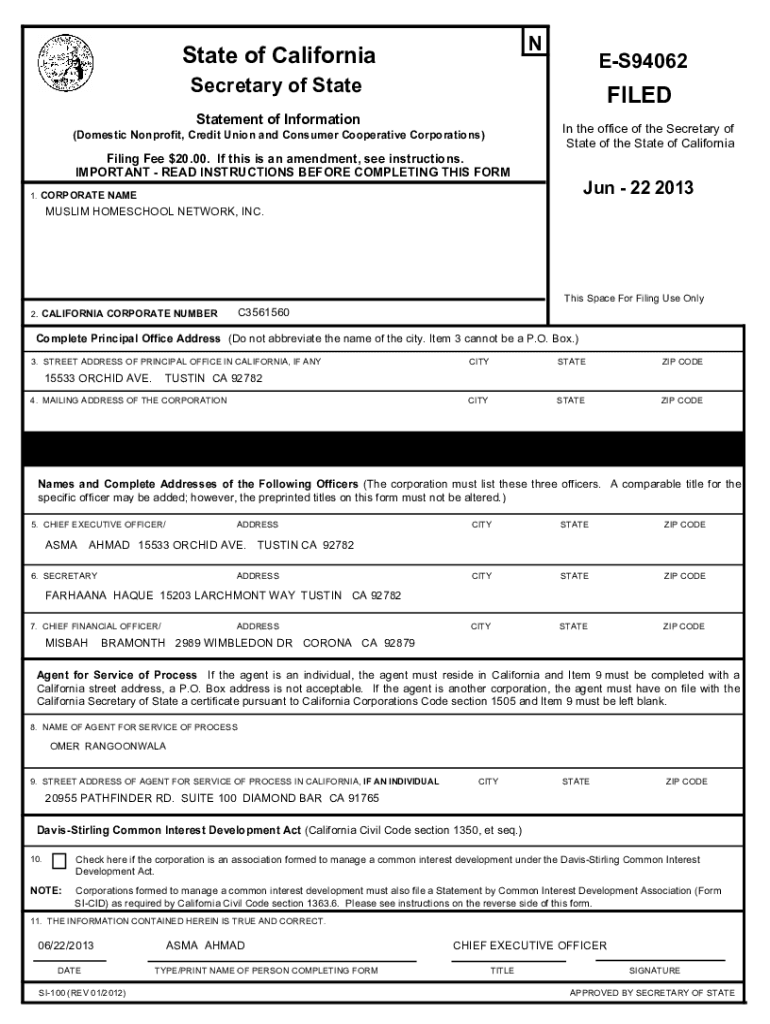 Fillable Online Secretary Of State File Statement Of Information ...