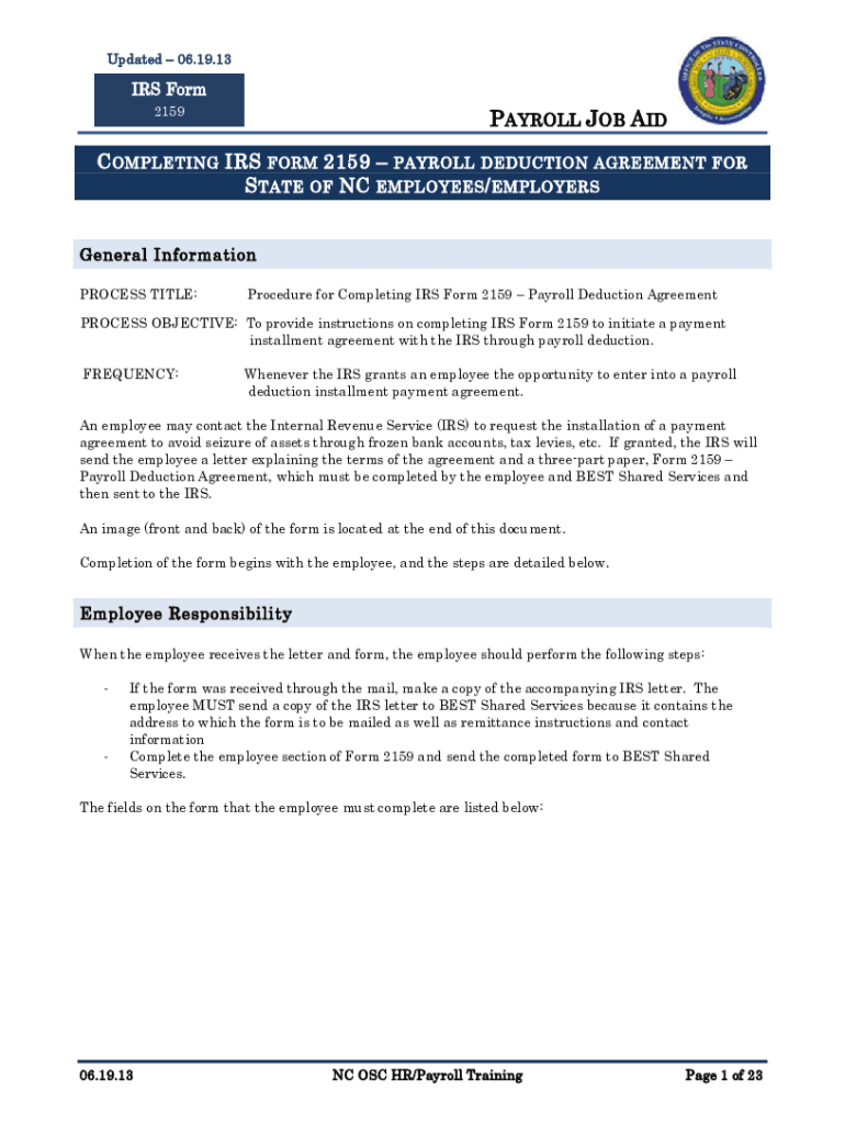 Fillable Online COMPLETING IRS FORM 2159 PAYROLL DEDUCTION AGREEMENT ...