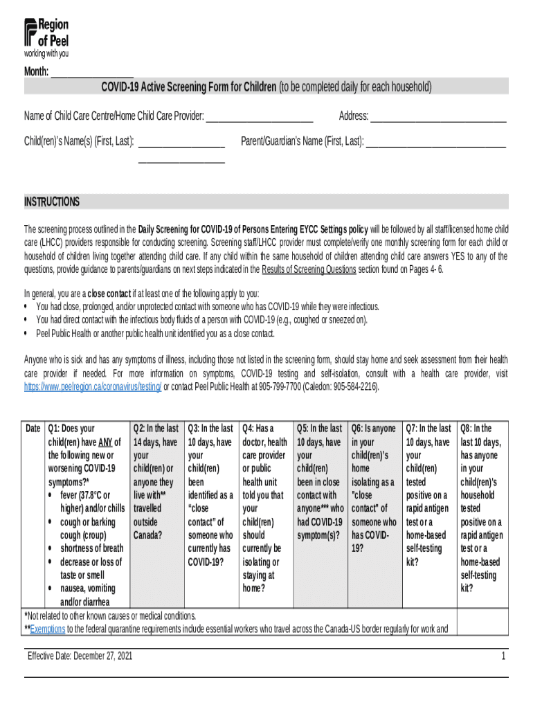 COVID-19 Active Screening for Children (to be ... Doc Template | pdfFiller