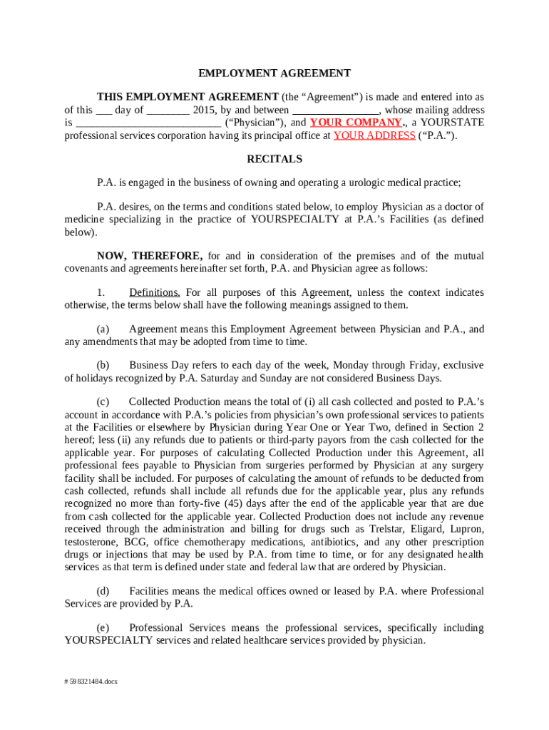 Physician Employment Agreement Doc Template | pdfFiller