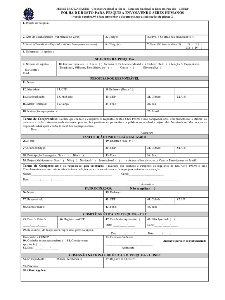 Fillable Online Get the free FOLHA DE ROSTO PARA PESQUISA ENVOLVENDO SERES ... Fax Email Print ...