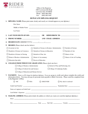 Fillable Online Duplicate Diploma Request Form - Rider University Fax ...