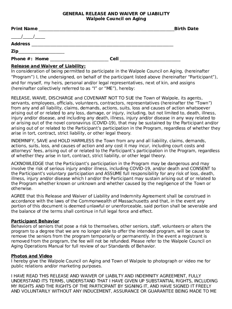 GENERAL RELEASE AND WAIVER OF LIABILITY Walpole Council ... Doc ...
