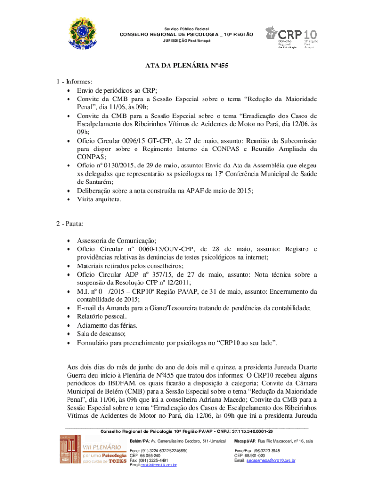 Fillable Online ATA DA PLENRIA N455 1 - Informes:Envio de peridicos ao ...