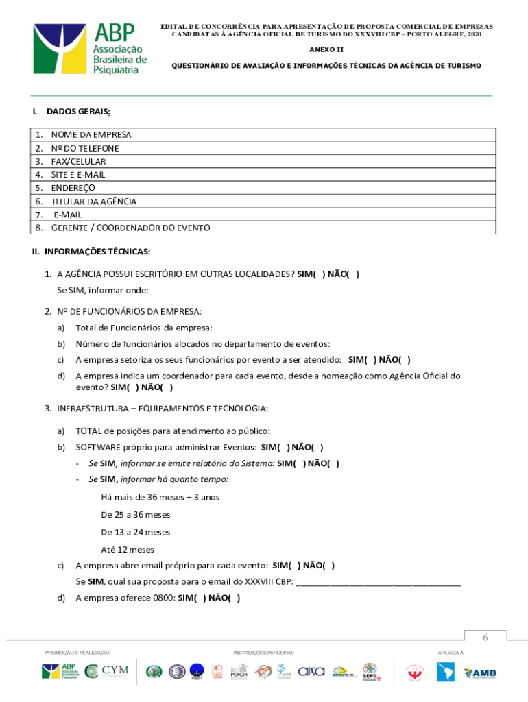 Fillable Online XXXVIII CBP - Anexo II - Questionrio de avaliao e informaes tcnicas da Agncia de ...