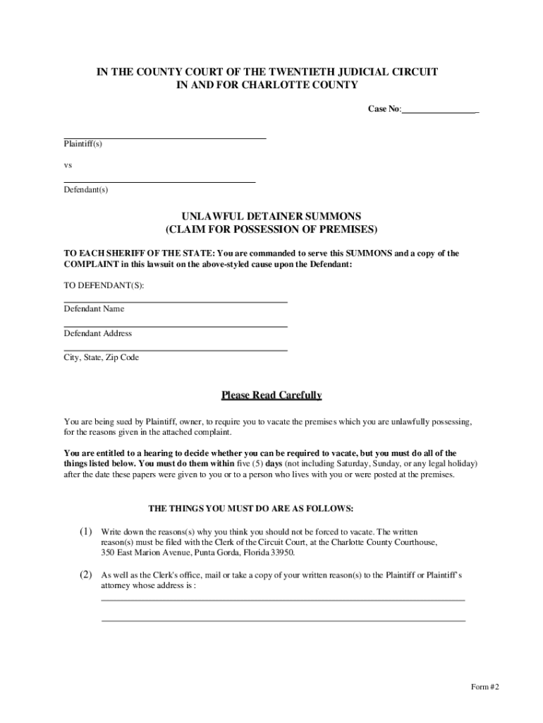 Fillable Online UNLAWFUL DETAINER SUMMONS (CLAIM FOR POSSESSION OF PREMISES). UNLAWFUL DETAINER ...