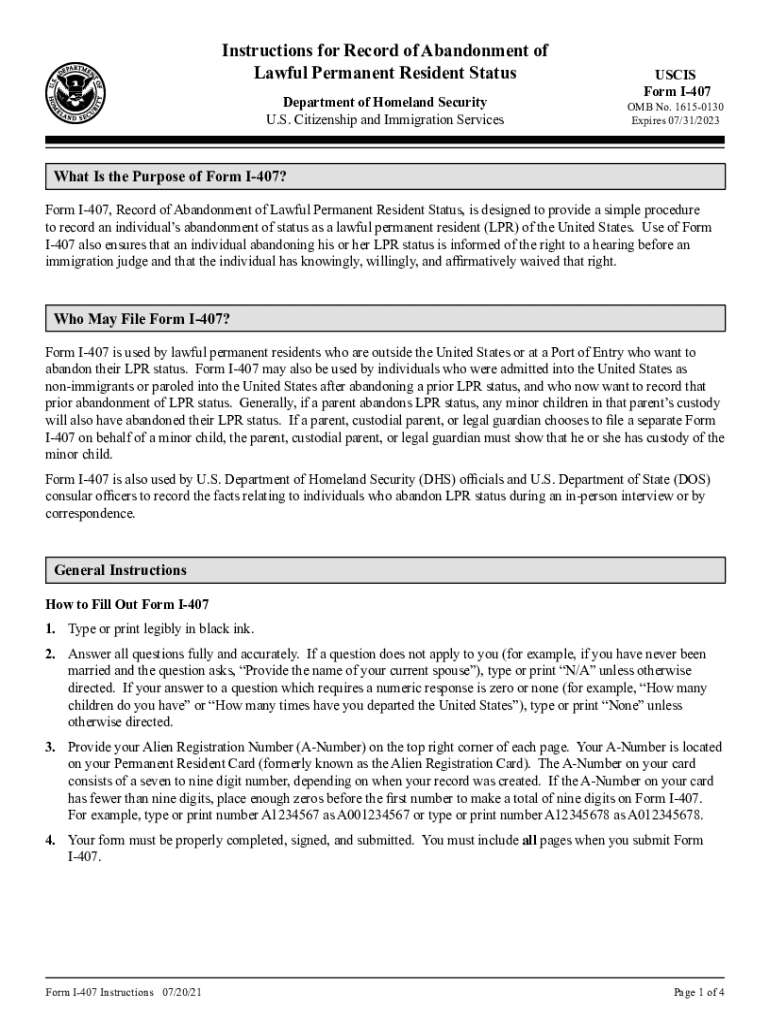 DHS USCIS I-407 Instructions Form - Fill Online, Printable, Fillable ...